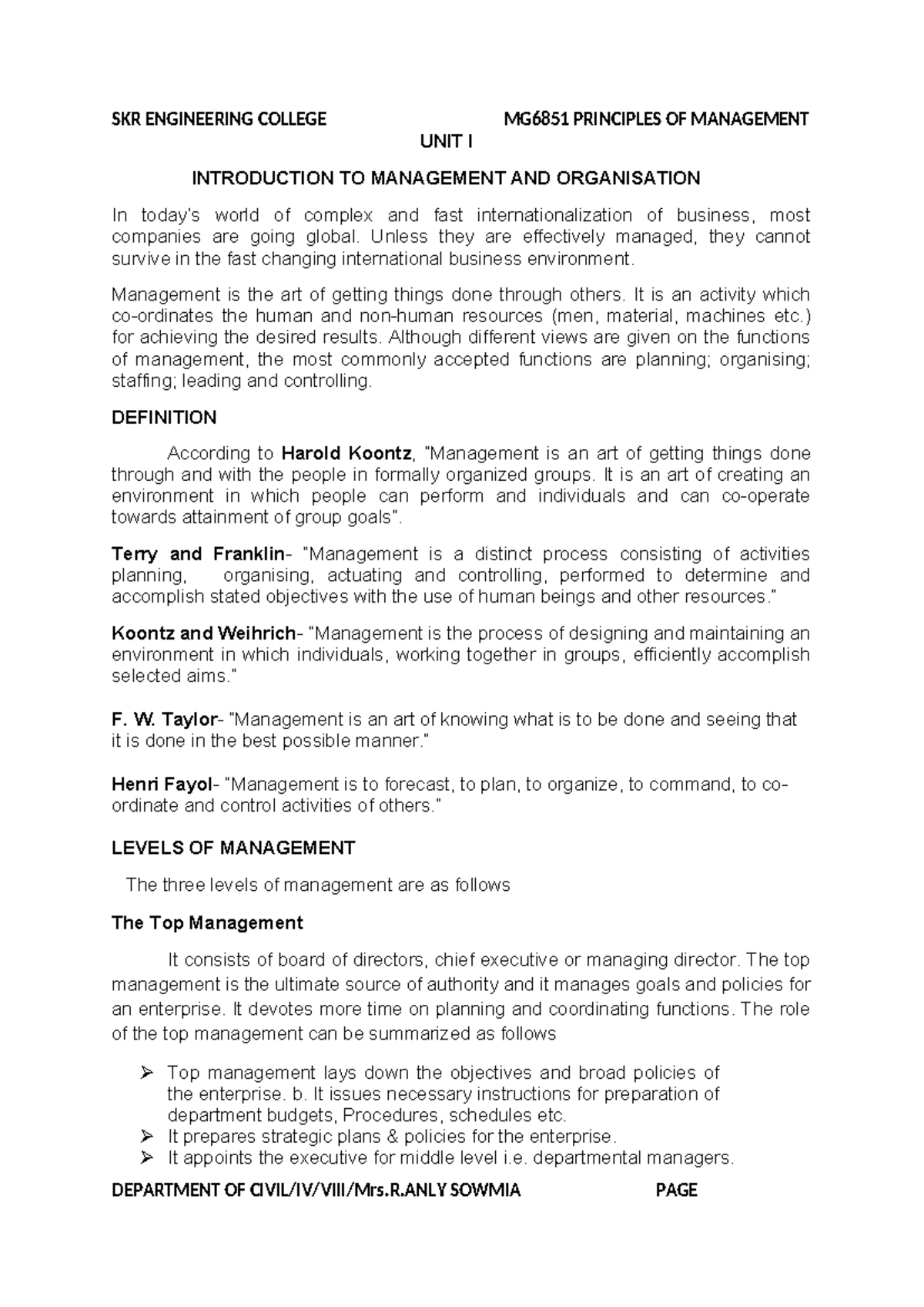 Unit-1 - Notes - UNIT I INTRODUCTION TO MANAGEMENT AND ORGANISATION In ...