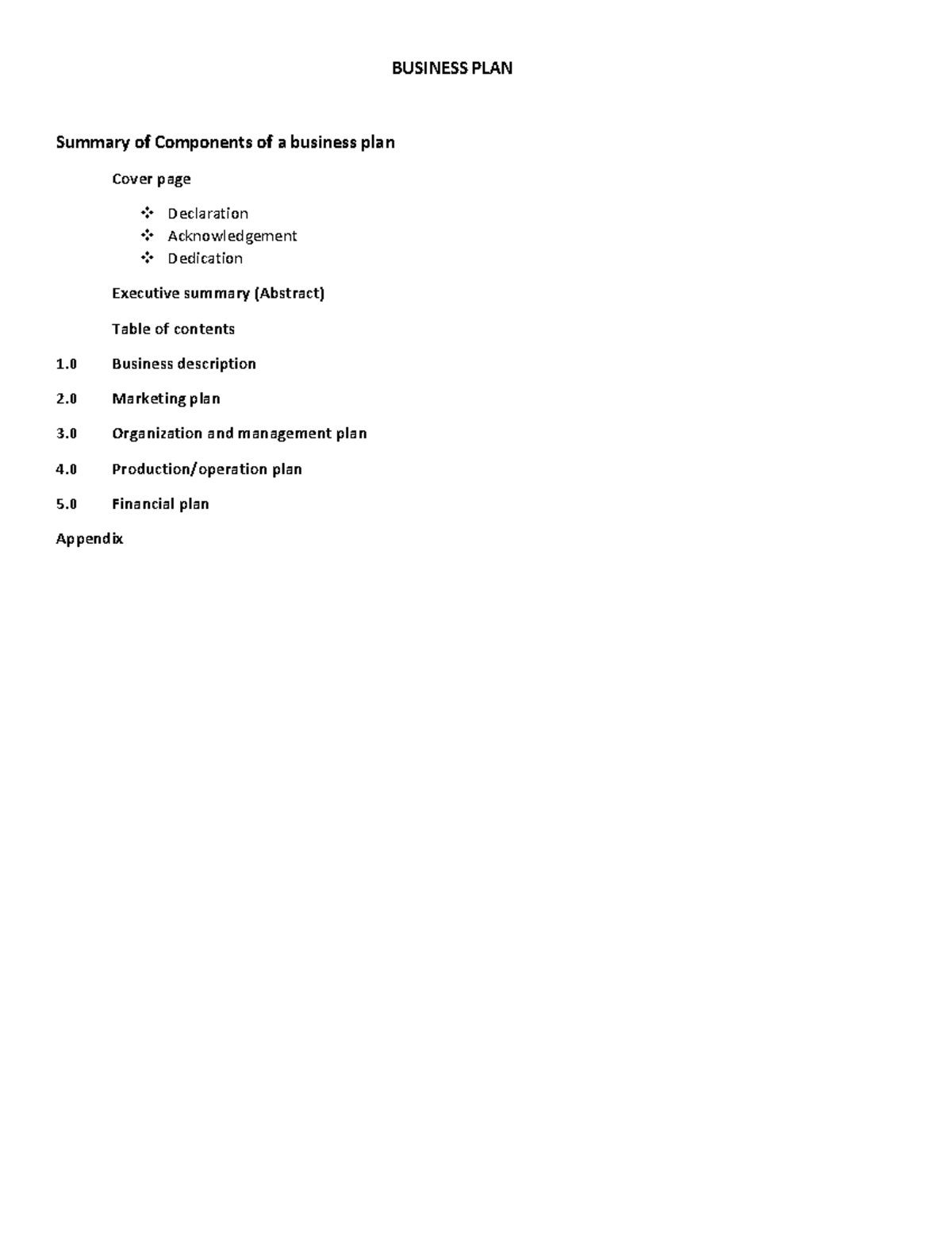 BUSINESS PLAN (BP) Summary: Key Components & Strategies - Studocu
