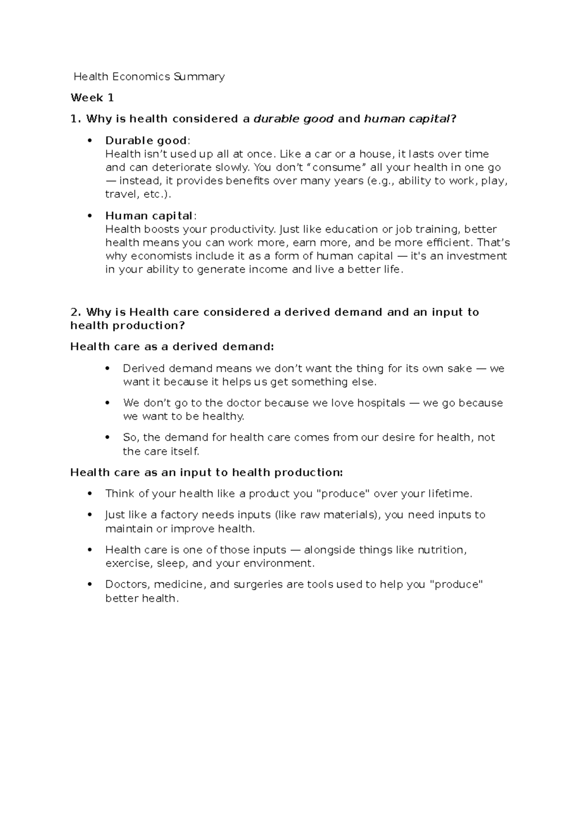 Health Economics Summary: Week 1 Insights on Durable Goods & Human ...