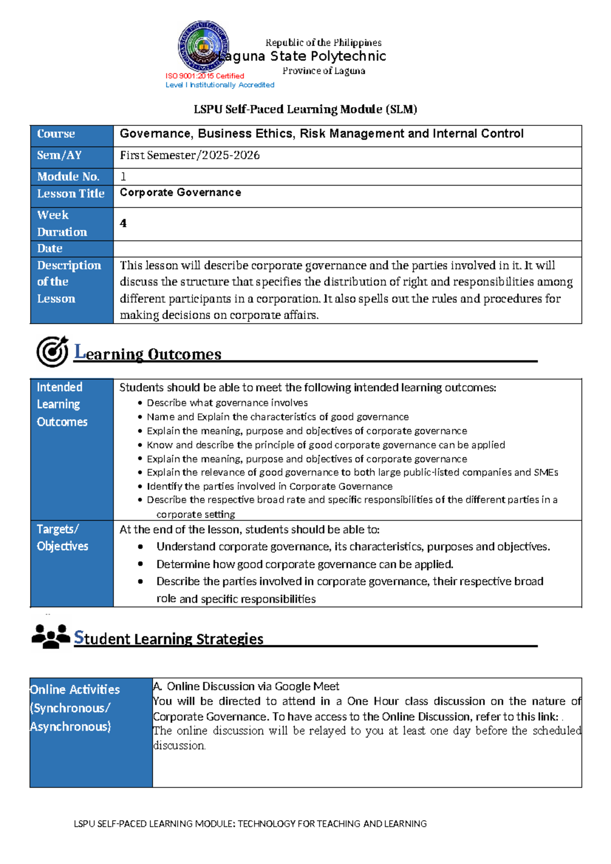 LSPU SLM: Corporate Governance Overview and Learning Objectives - Studocu