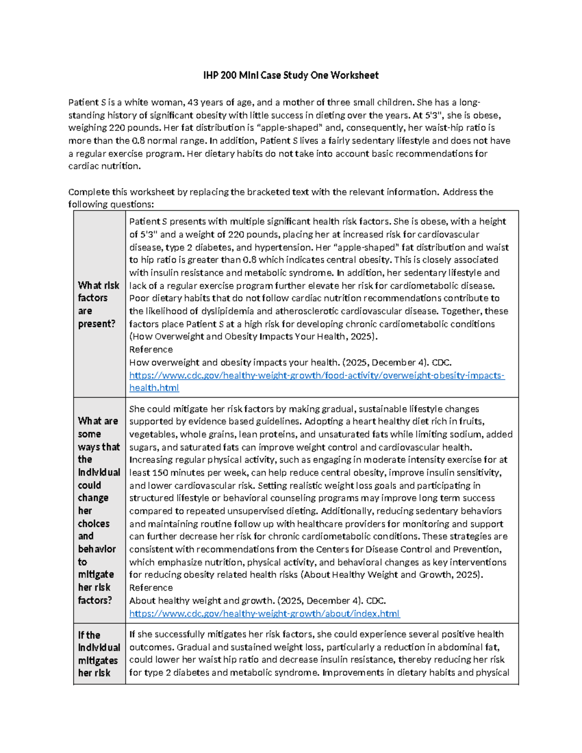 IHP 200 Mini Case Study: Patient S's Obesity and Health Risks - Studocu