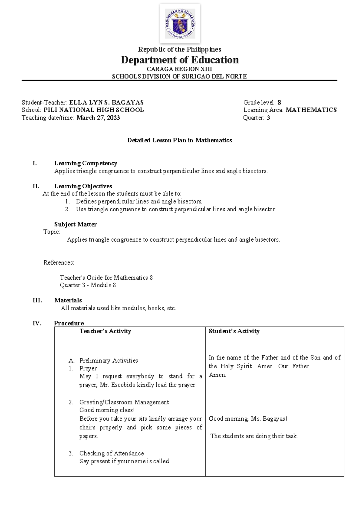 Detailed Lesson Plan: Triangle Congruence & Perpendicular Lines (Math 8 ...
