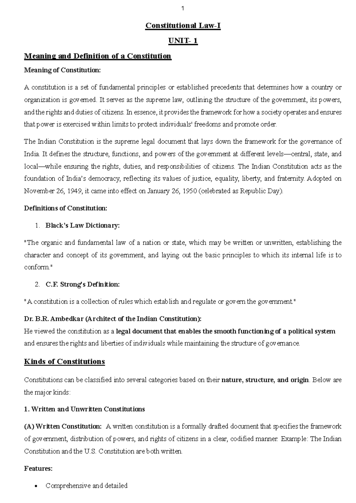 Constitutional Law I - Meaning, Features, and Framework of the ...