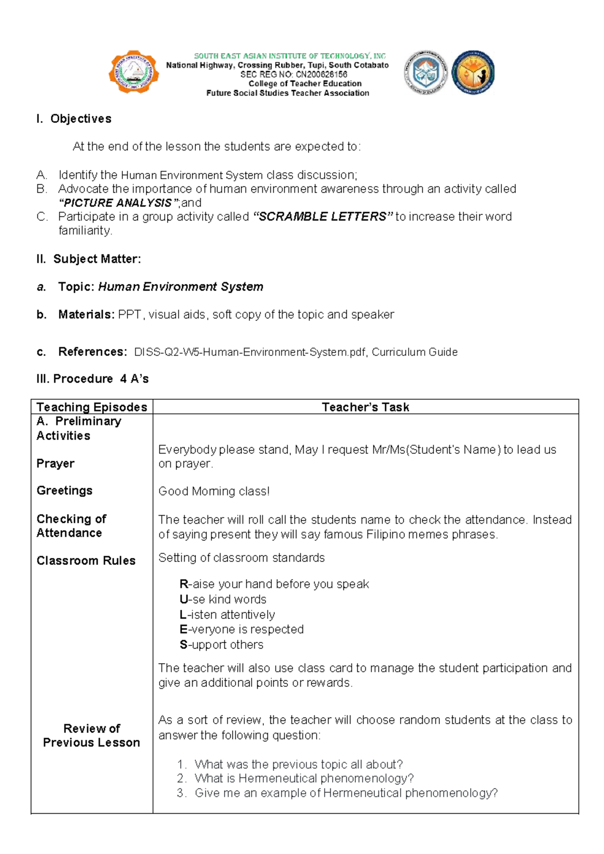 SHE 4As Lesson Plan: Understanding the Human Environment System - Studocu