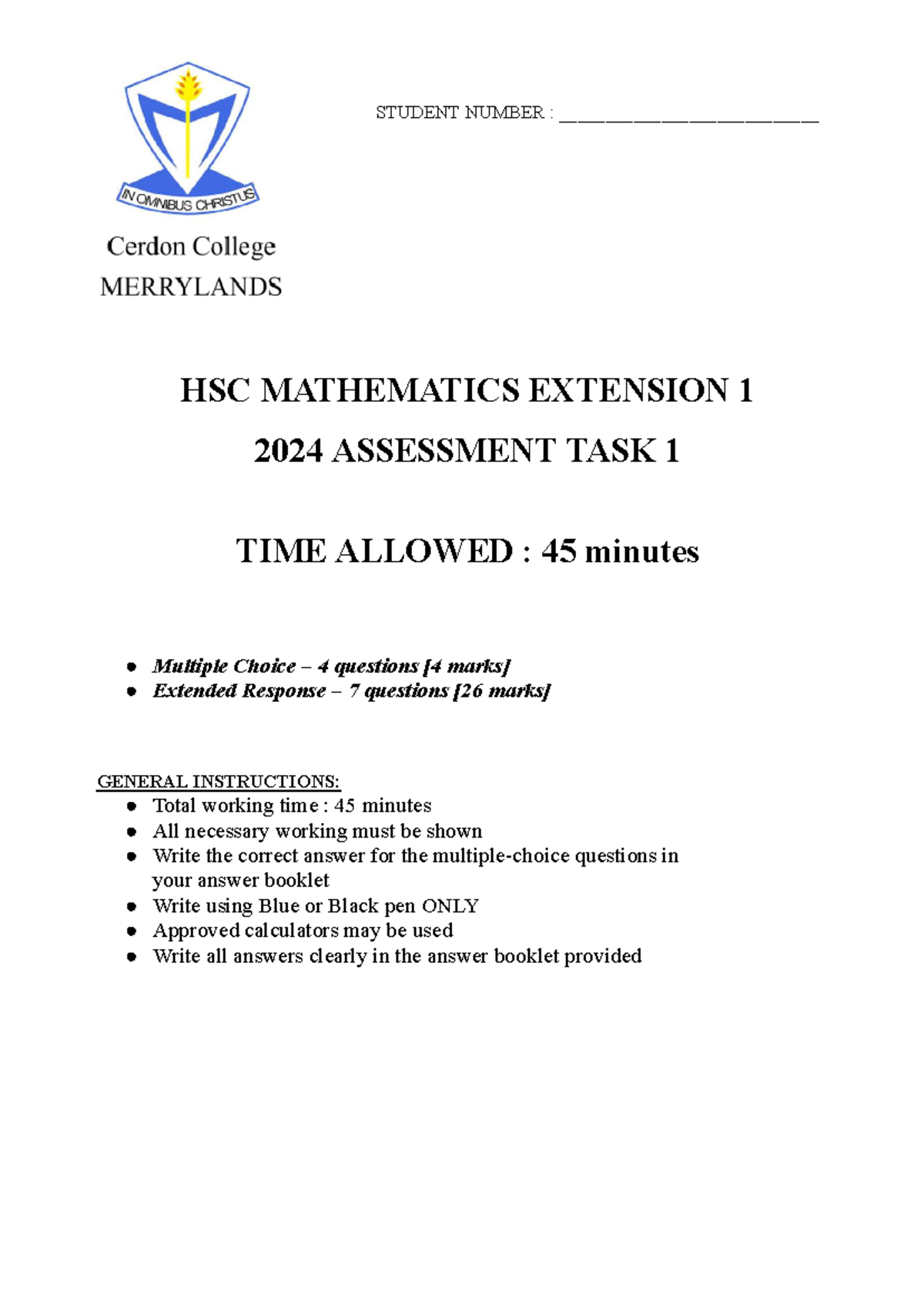 Extension 1 Maths HSC Task 1 - STUDENT NUMBER ...