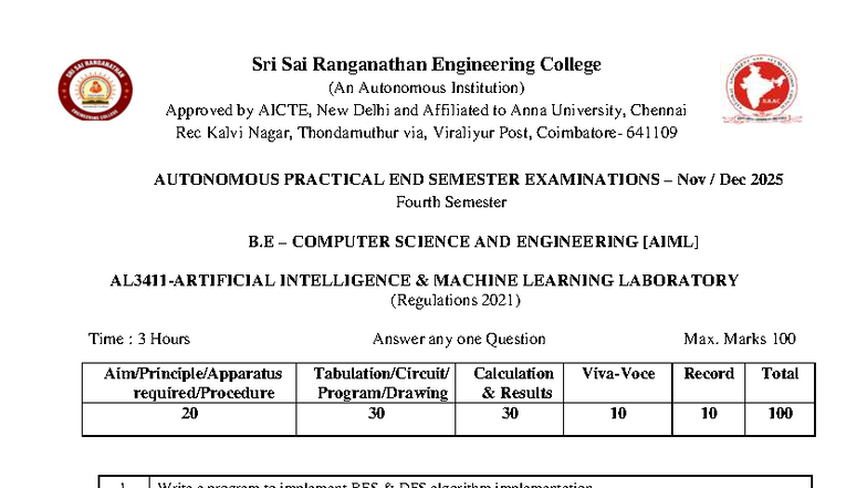 AL3411 - AIML Lab Questions for End Semester Exam - Studocu