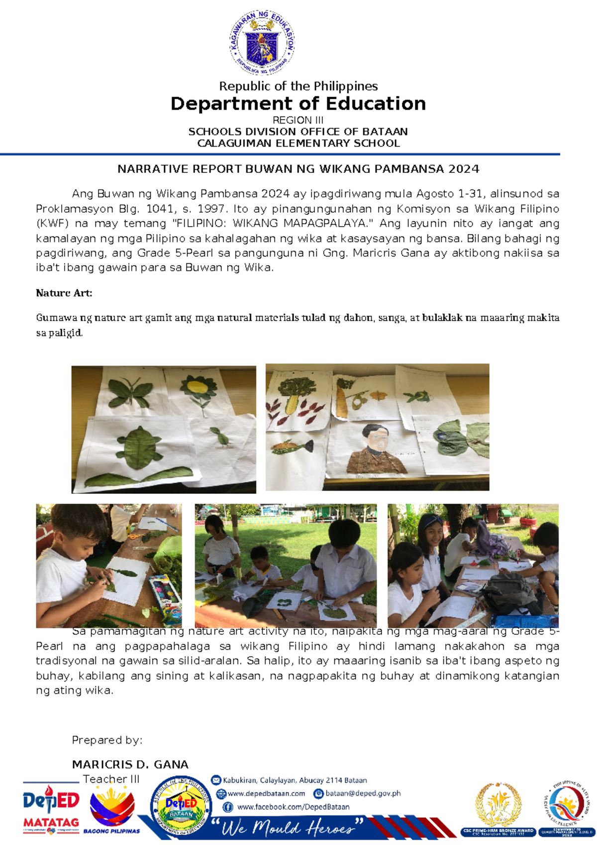 ACR- Buwan ng Wika 2024: Narrative Report by Grade 5-Pearl - Studocu