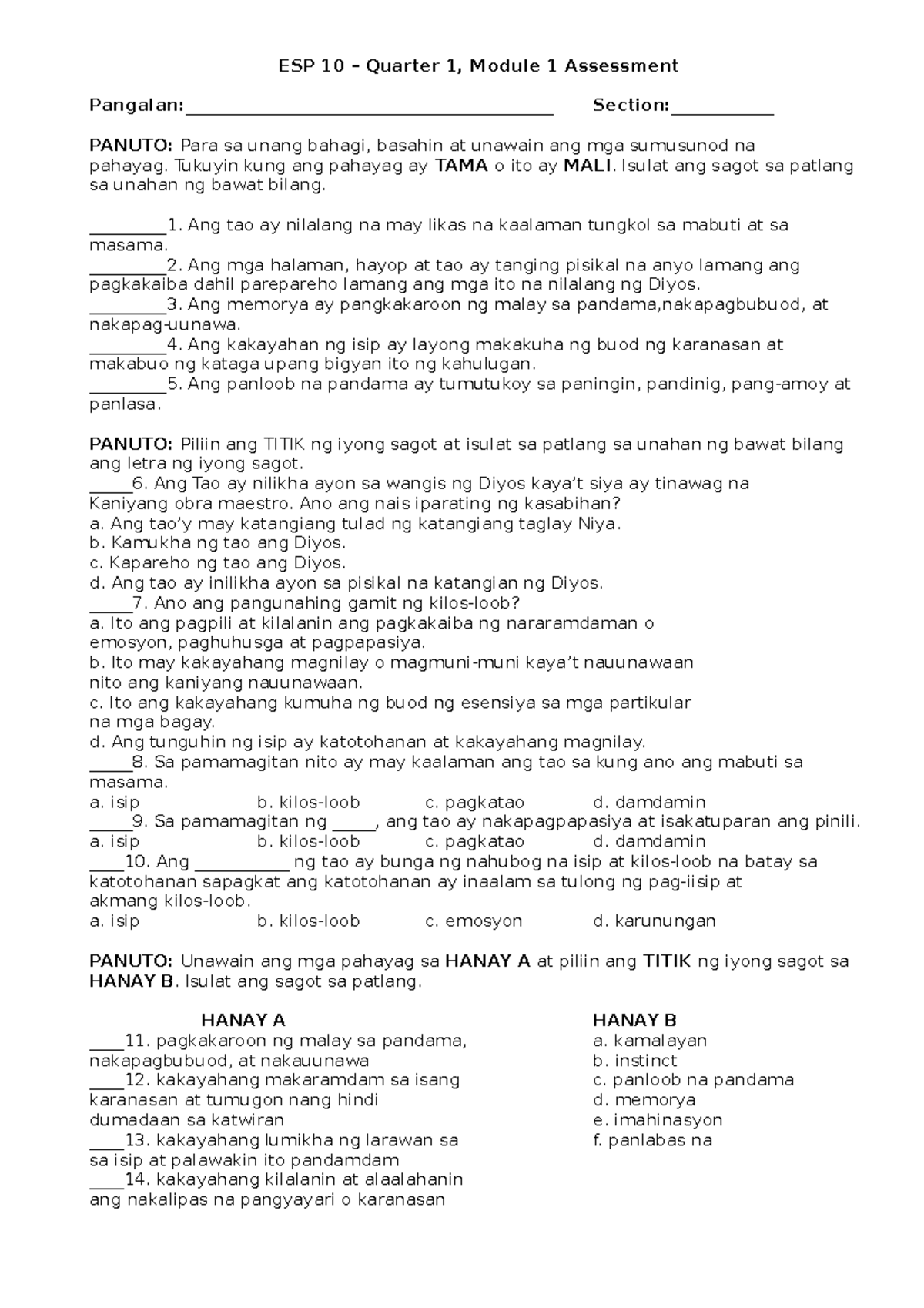 ESP 10 - Quarter 1 Assessment Sample Exam Guide - Studocu