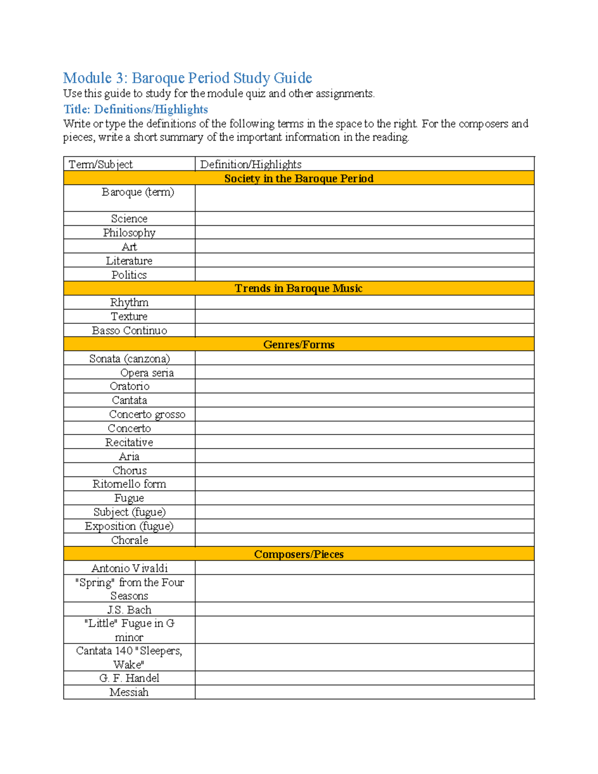 Module 3: Baroque Period Study Guide for Quiz & Assignments - Studocu