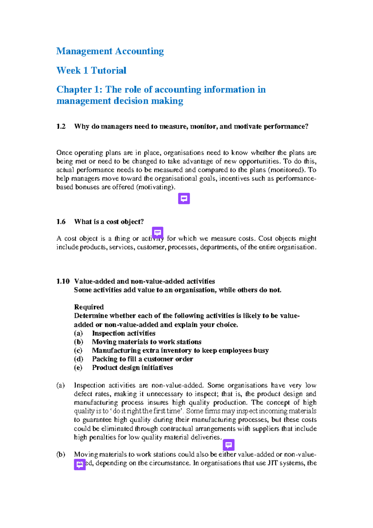Week 1 Tutorial Solutions 1 - Management Accounting Week 1 Tutorial ...