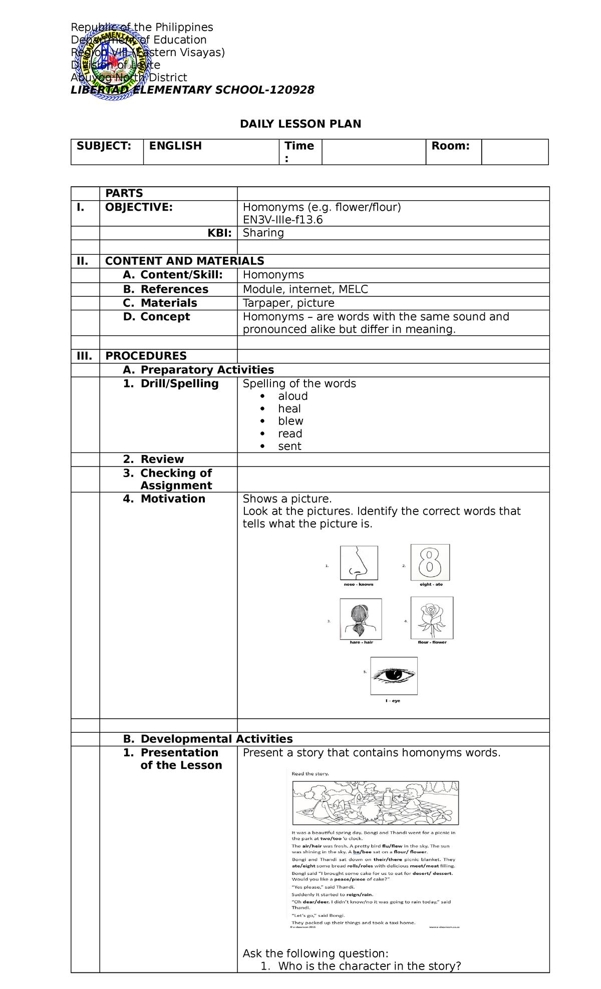 English 3 EN3V-IIIe-f13: Homonyms Lesson Plan - Studocu
