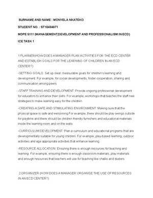 [Solved] How does a manager plan activities for the ECD centre and ...
