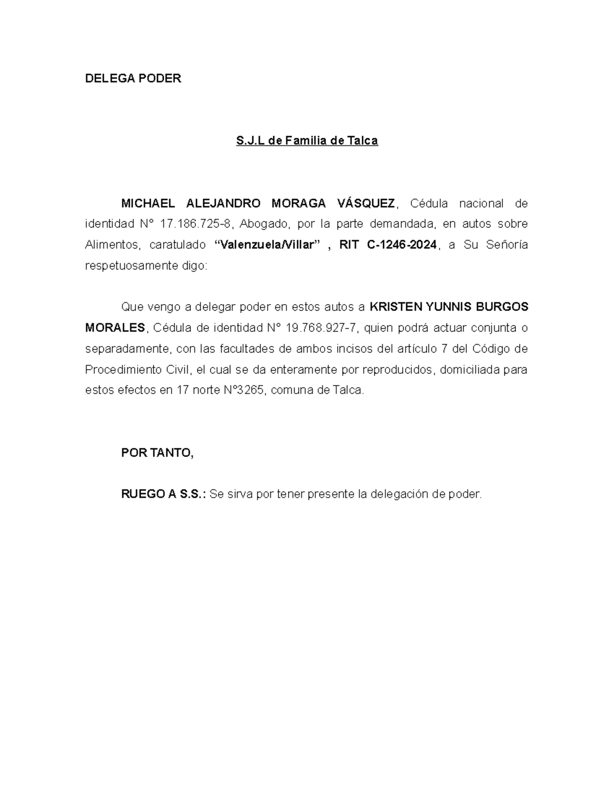 Delega Poder Kristen-1 - DELEGA PODER S.J de Familia de Talca MICHAEL ...