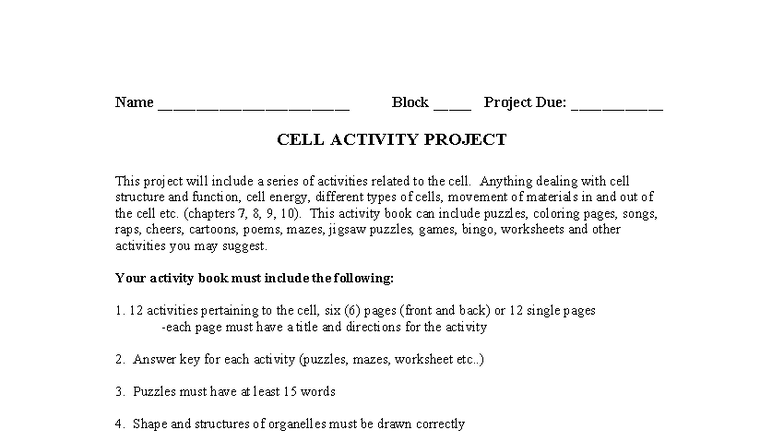 CELL ACTIVITY PROJECT: Engaging Activities on Cell Structure & Function ...