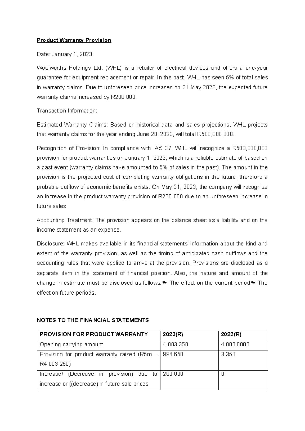 ACC211E Product Warranty Provision Analysis Assignment DUE 190424 - Studocu