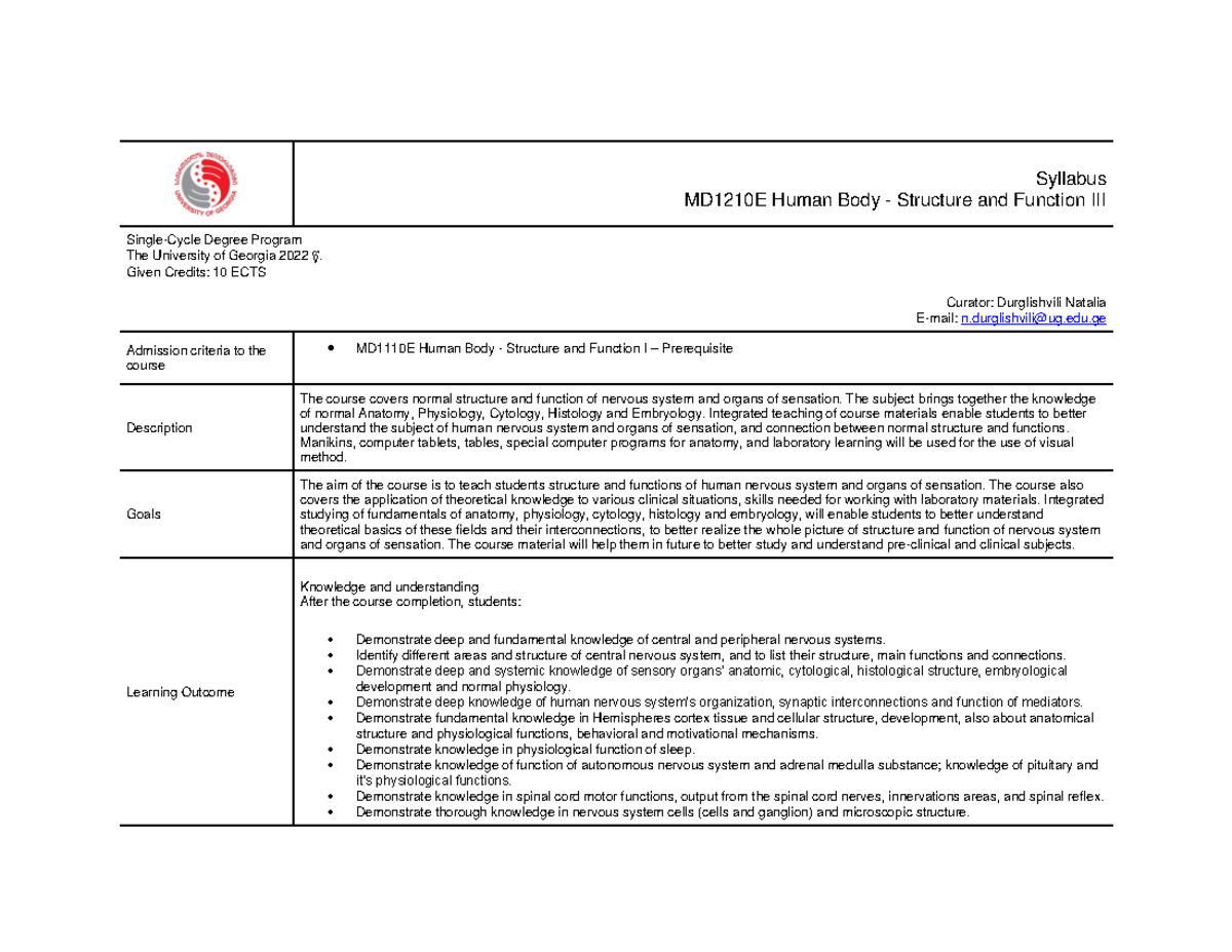 Syllabus MD1210E: Human Body Structure & Function Overview 2023 - Studocu