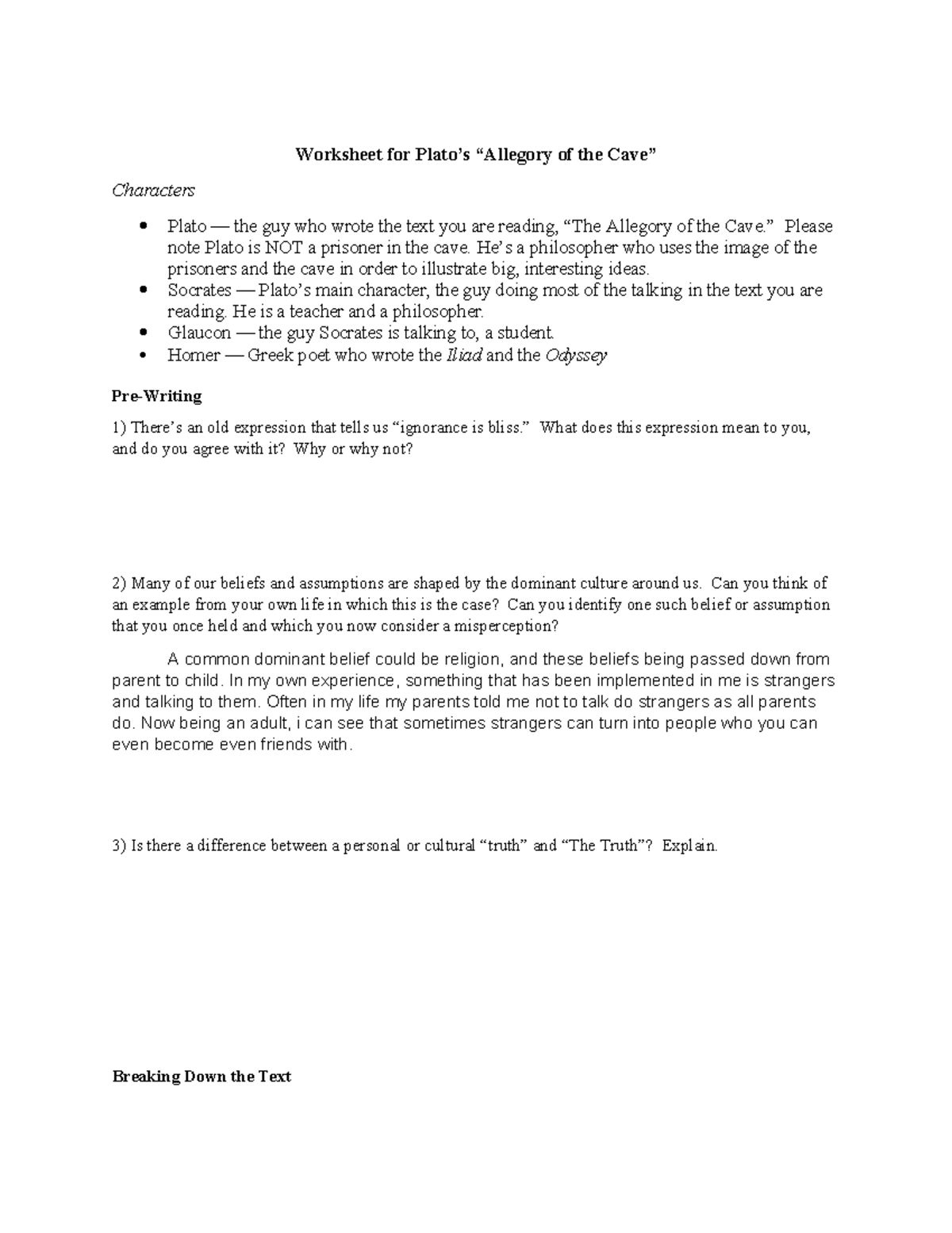 Plato's Allegory of the Cave: Character Analysis Worksheet - Studocu