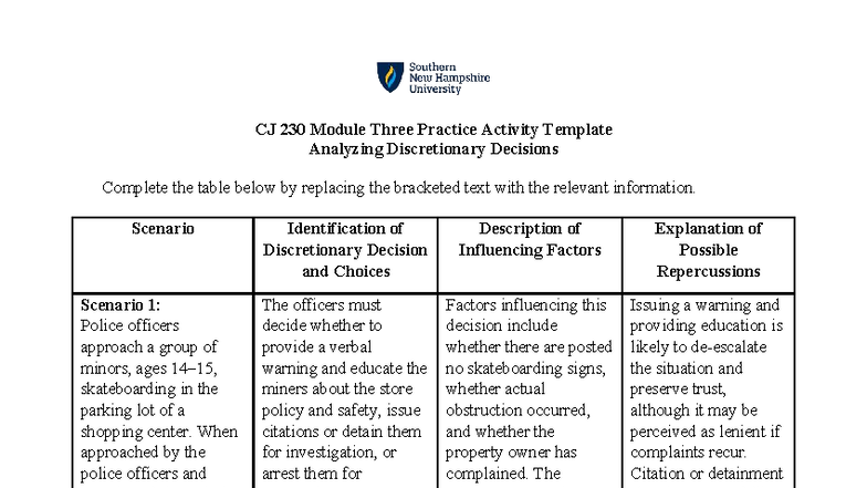 CJ 230 Module 3 Practice Activity: Analyzing Discretionary Decisions ...