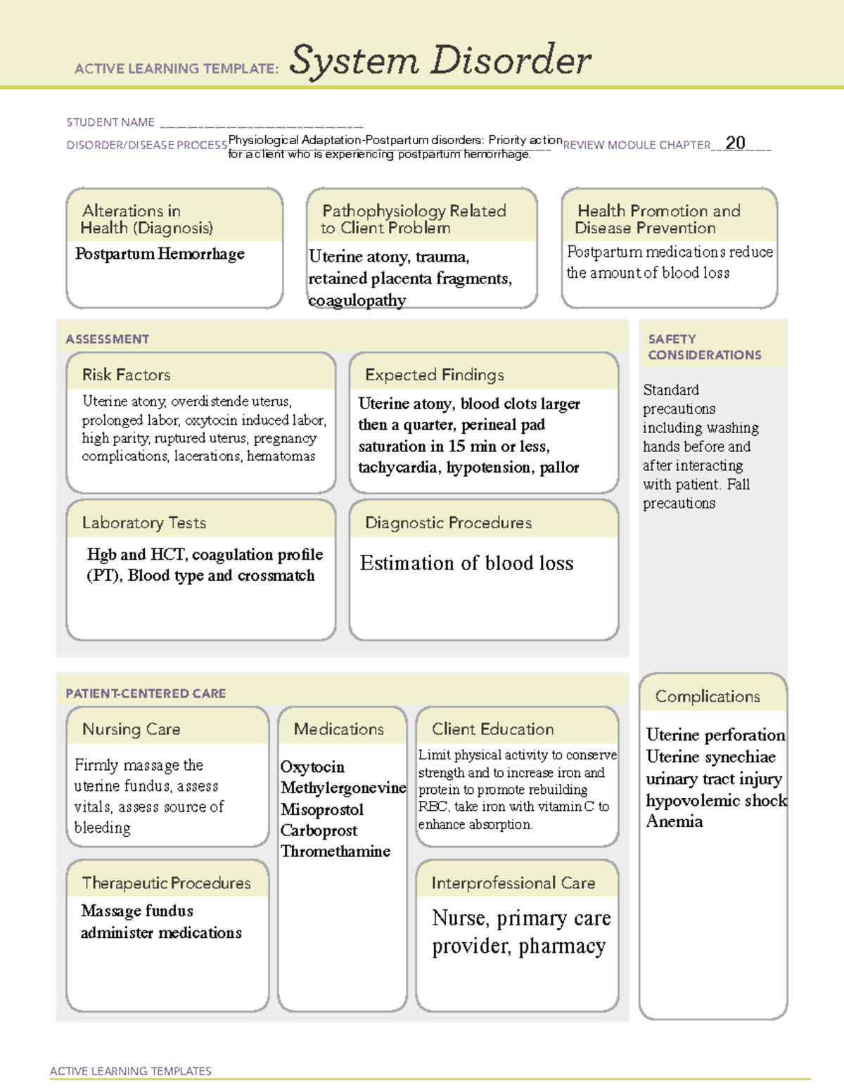 ACTIVE LEARNING TEMPLATE: Postpartum Hemorrhage (ATI OB) Review Module ...