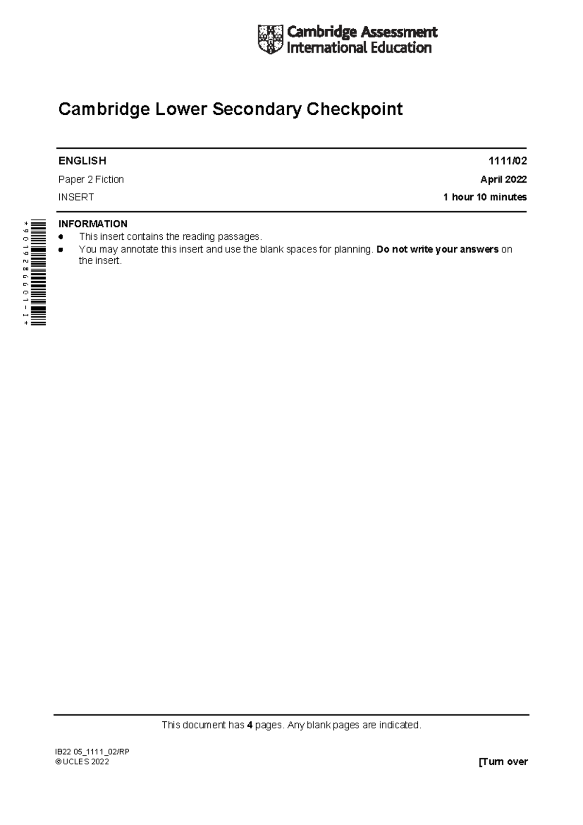 Cambridge Lower Secondary Checkpoint ENGLISH Paper 2 Fiction Insert ...