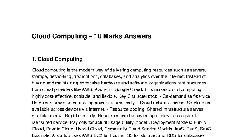 Cloud Computing Concepts and Virtualization Overview - 10 Marks - Studocu