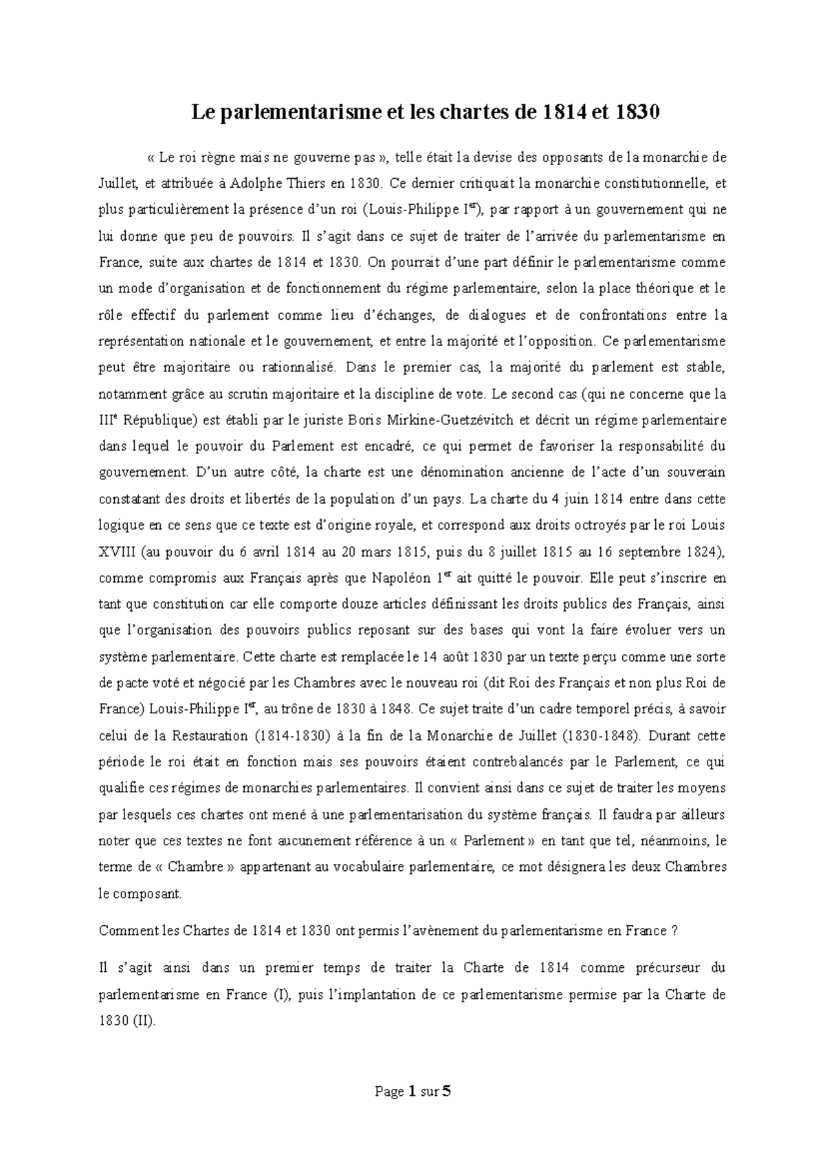 L'Avènement du Parlementarisme en France: Chartes de 1814 et 1830 - Studocu
