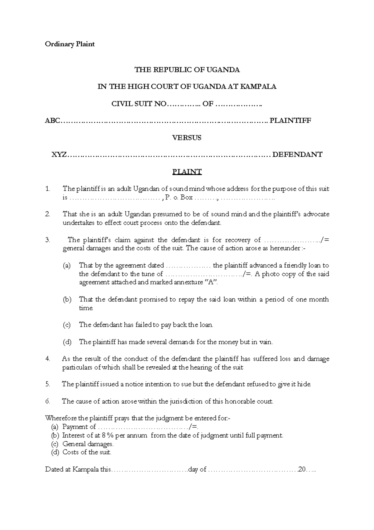 Ordinary Plaint - Civil Suit in High Court of Uganda at Kampala - Studocu