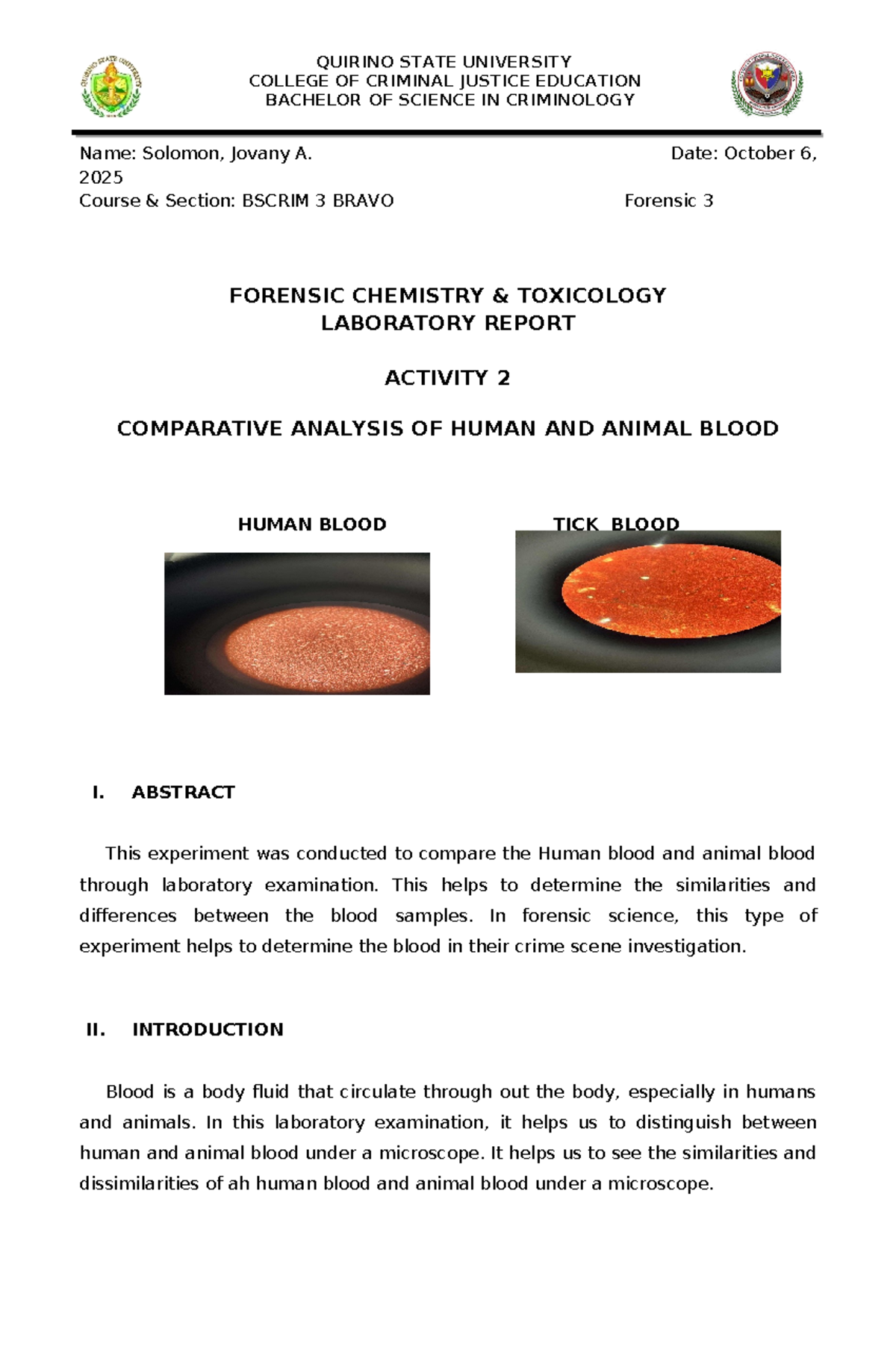 BSCRIM 3 BRAVO Forensic Chemistry Lab Report: Human vs. Animal Blood ...