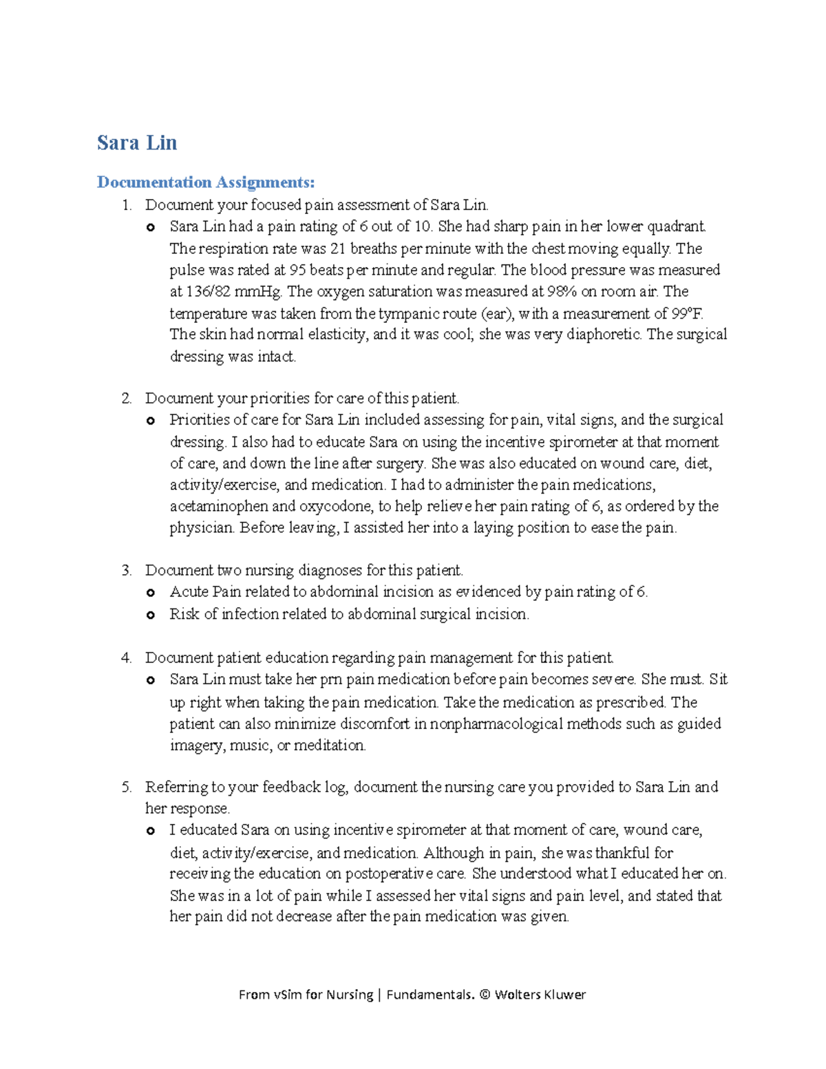 Sara Lin Nursing Documentation Assignments - VSIM Fundamentals - Studocu
