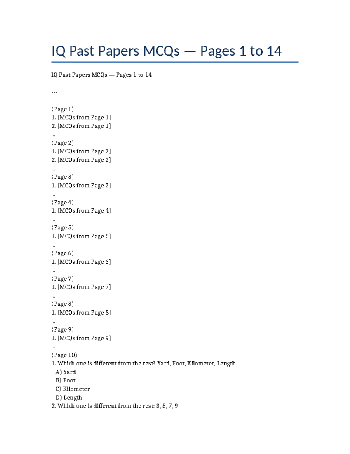 IQ Past Papers MCQs Review (Pages 1-14) - Studocu