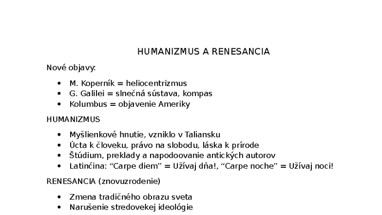 Humanizmus a renesancia: Nové objavy a myšlienkové hnutia - Studocu