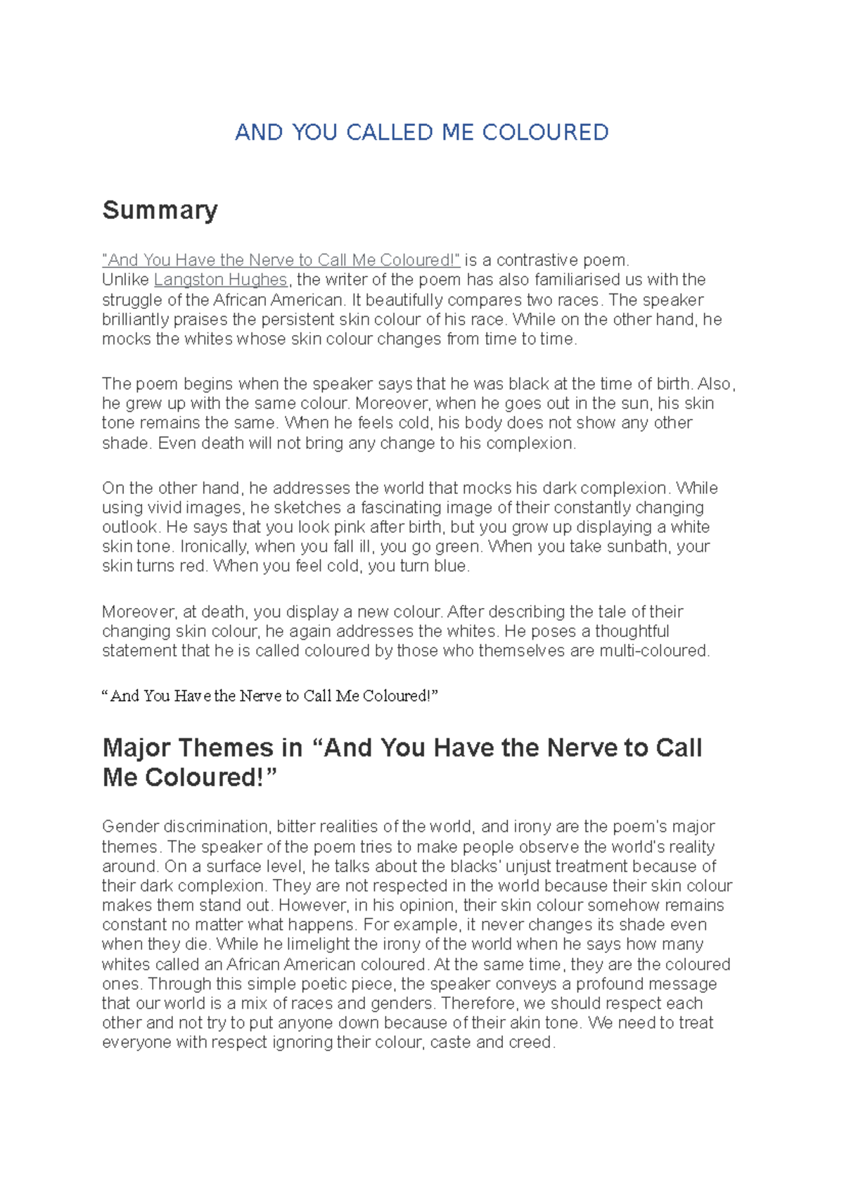 And You Called Me Coloured: A Contrastive Poem Analysis - Studocu