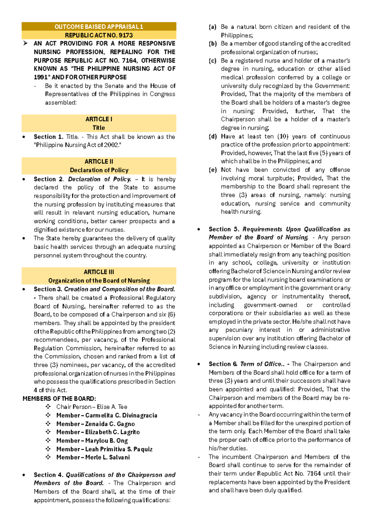 OBA RA 9173 - Comprehensive Overview of the Nursing Act - Studocu