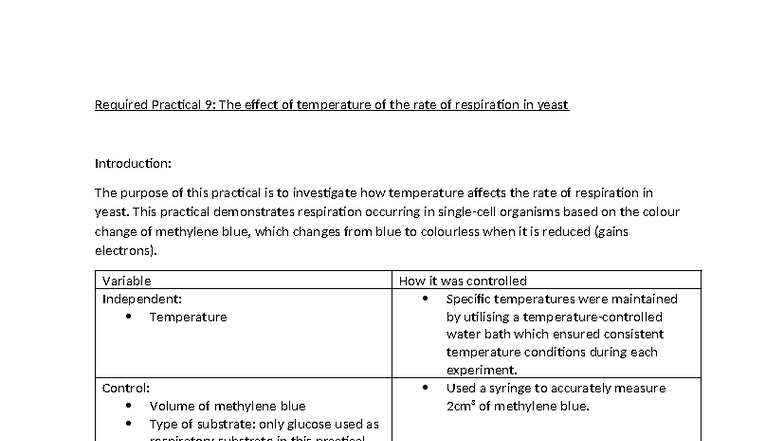 RP 9: Investigating Temperature's Effect on Yeast Respiration - Studocu