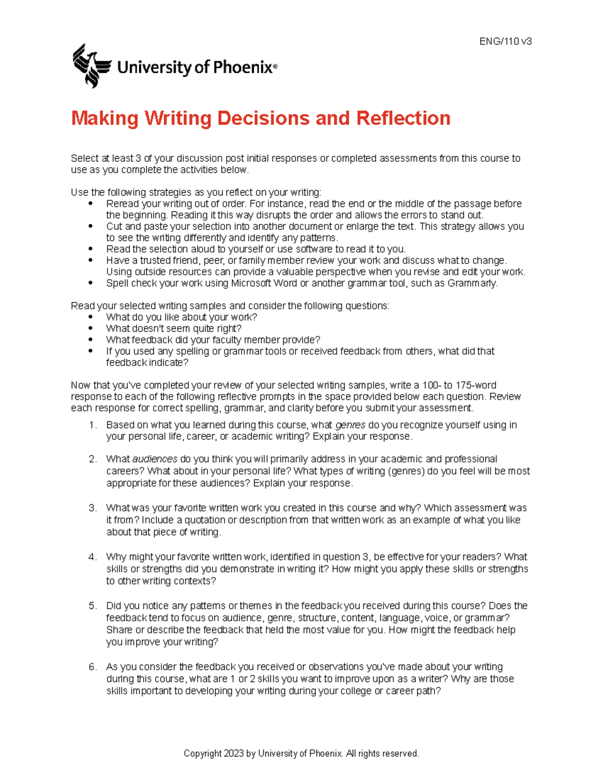 ENG/110 v3 WK5 Reflection on Writing Decisions and Strategies - Studocu