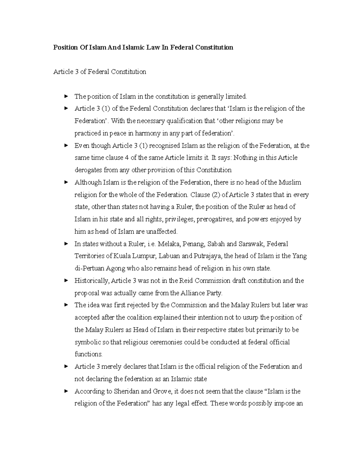 Position of Islam and Islamic Law in the Federal Constitution: Notes ...