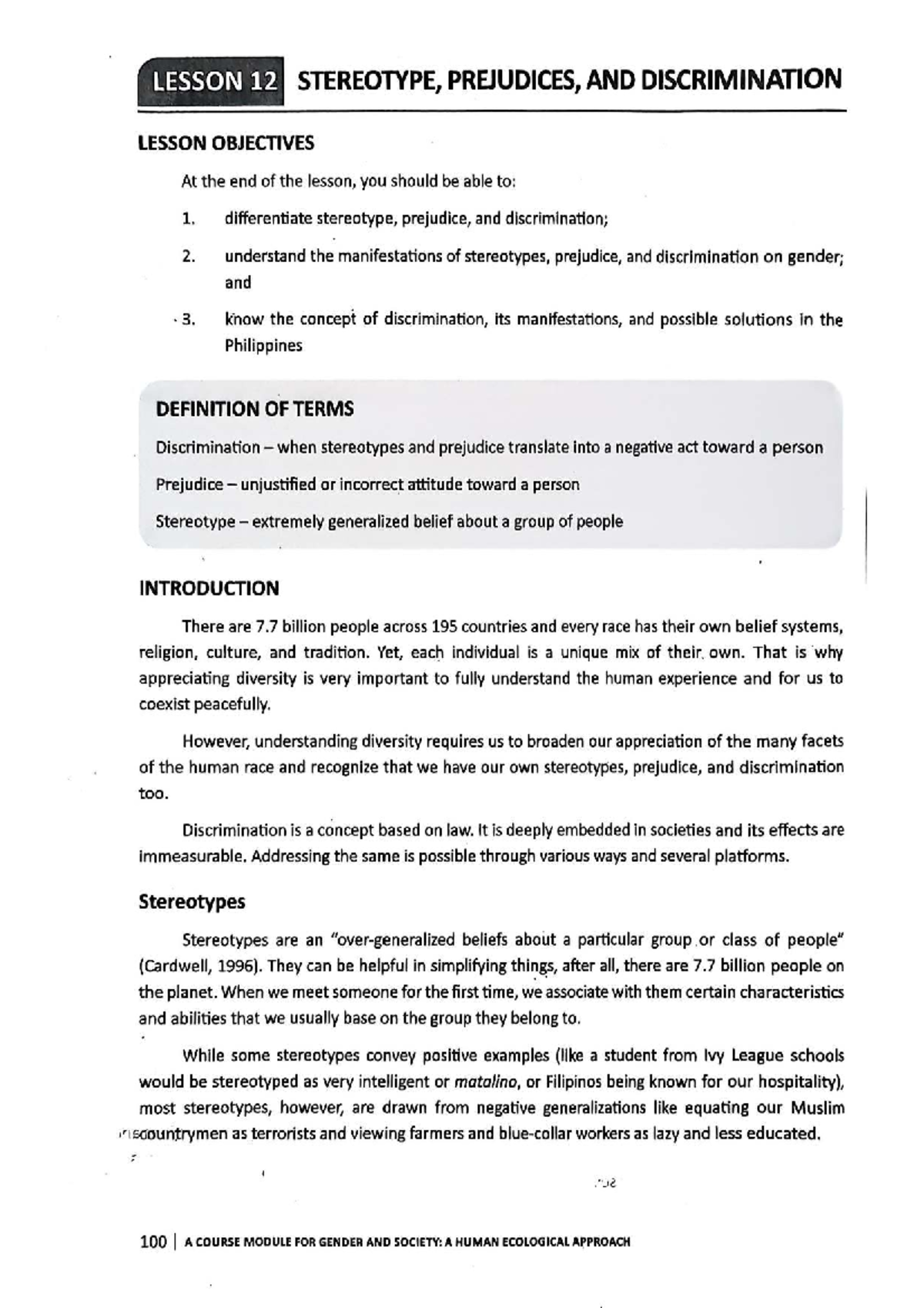 BL 100: Stereotypes, Prejudices, and Discrimination Lesson Overview ...