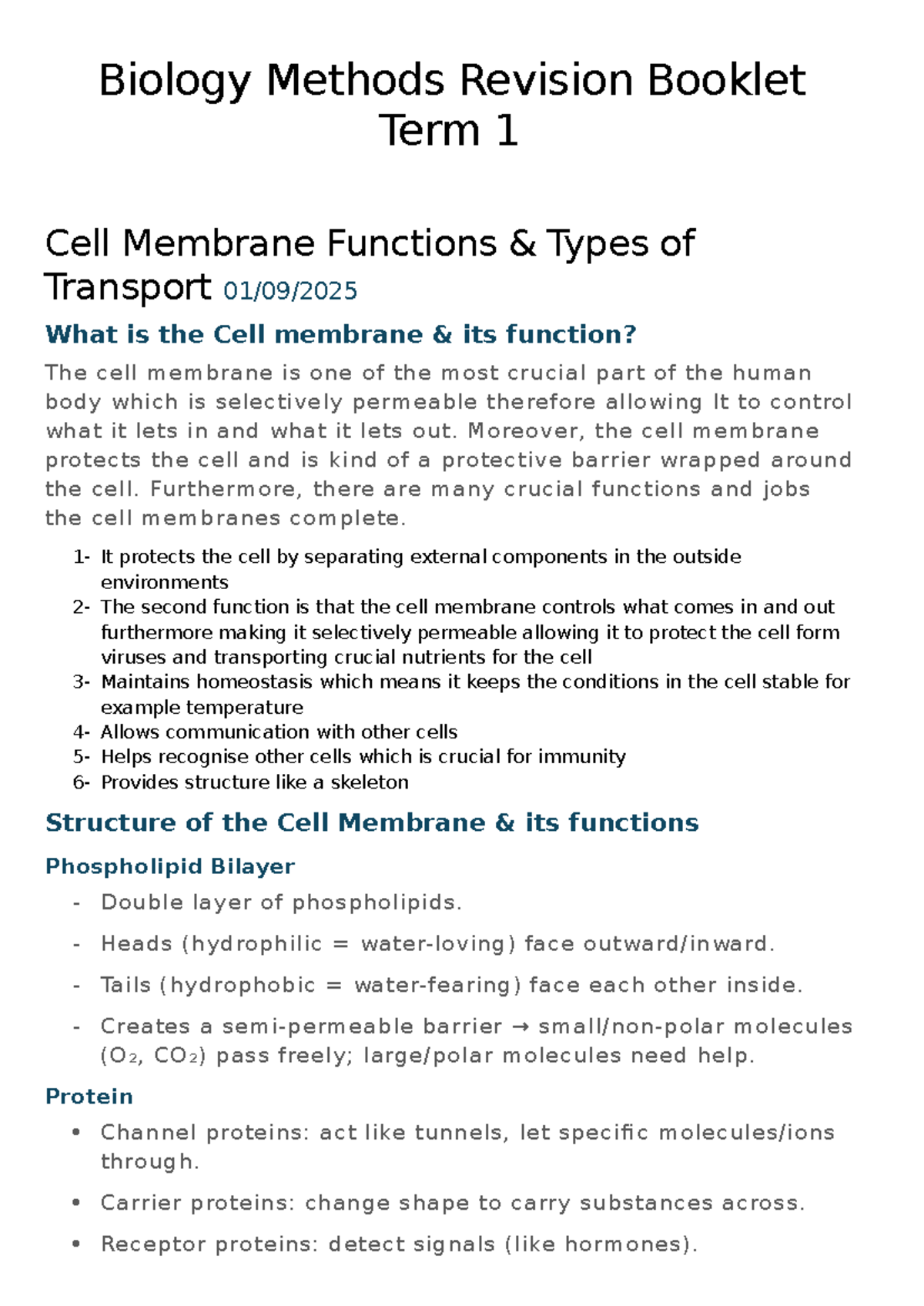 Biology Methods Revision Booklet Term 1: Cell Membrane Functions ...