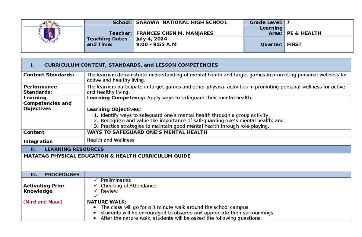 Ways to Safeguard Mental Health: PE & Health - Grade 7 Lesson Plan ...