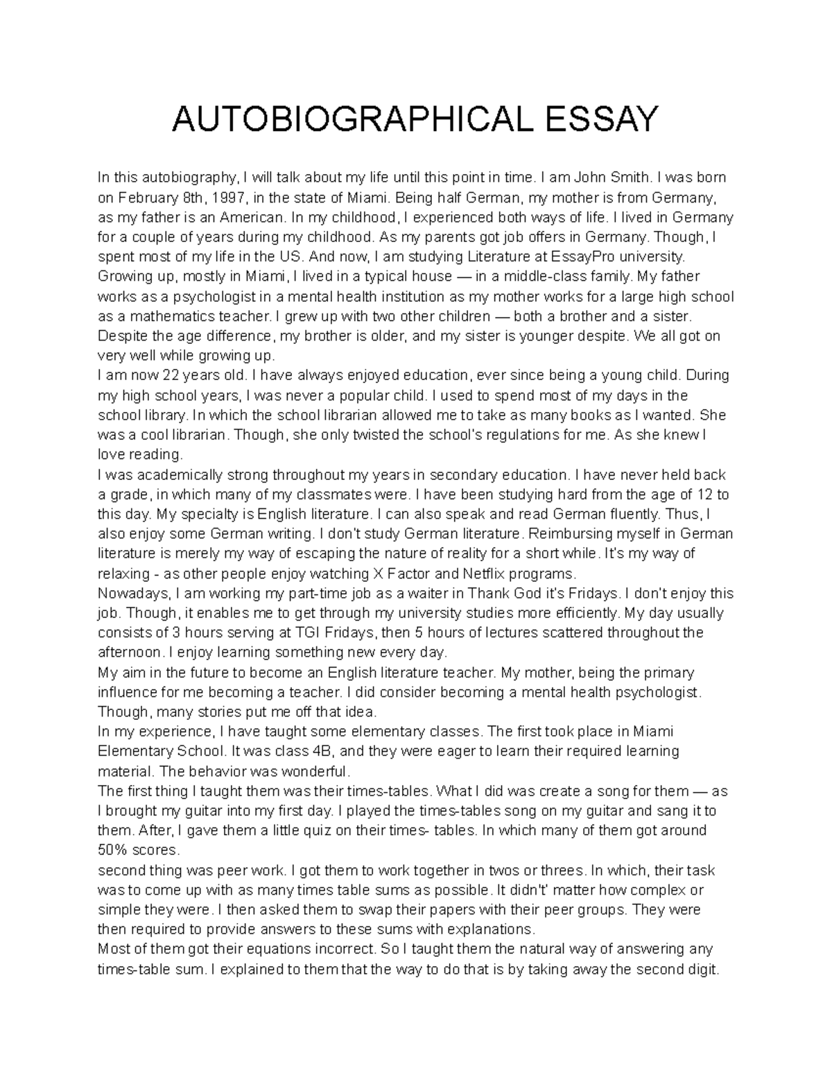 Autobiographical Essay - AUTOBIOGRAPHICAL ESSAY In this autobiography ...