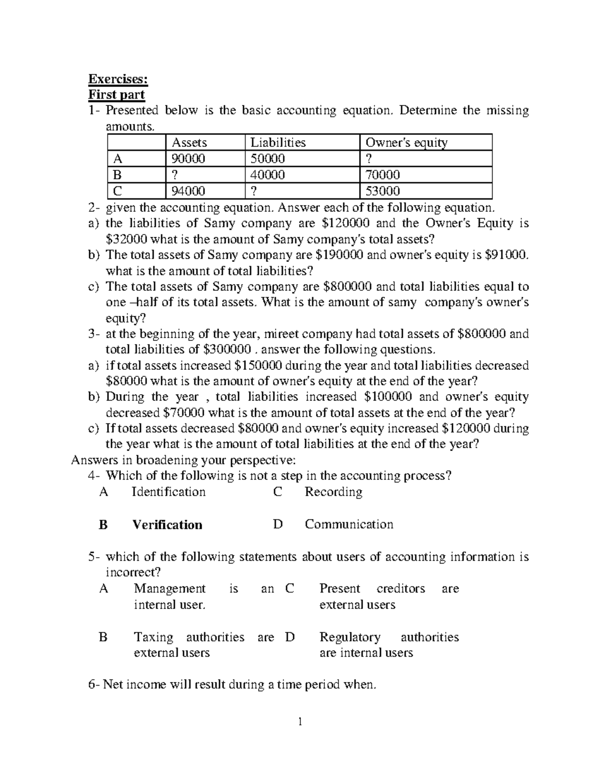 Accounting Exercises: Assessing Basic Equations and Concepts - Studocu
