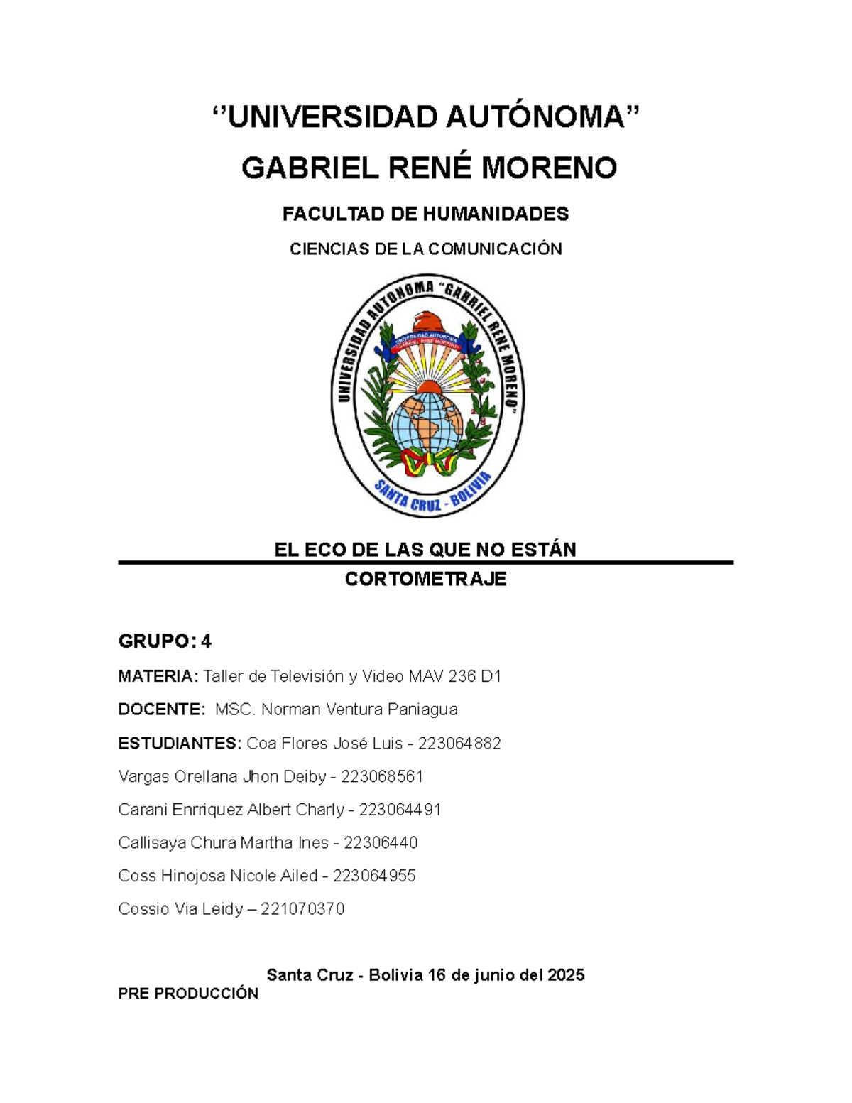 Taller de Televisión y Video MAV 236 D1: Pasos de Pre-Producción - Studocu