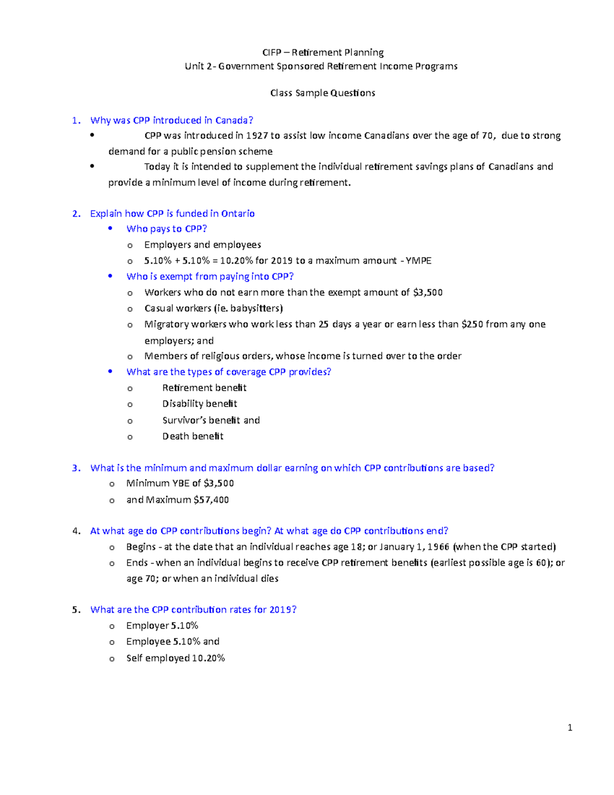 CIFP - Retirement Planning - Unit 2 Exercise Questions + Answers CPP - CIFP – Retirement ...