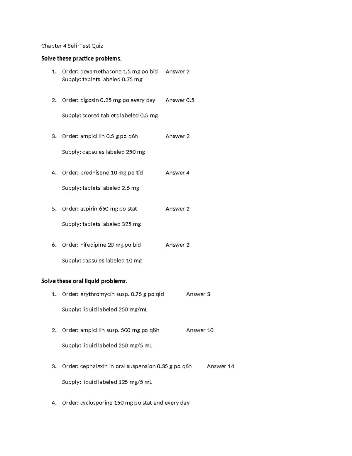 Med Math Worksheet: Chapter 4 Quiz Solutions - Studocu