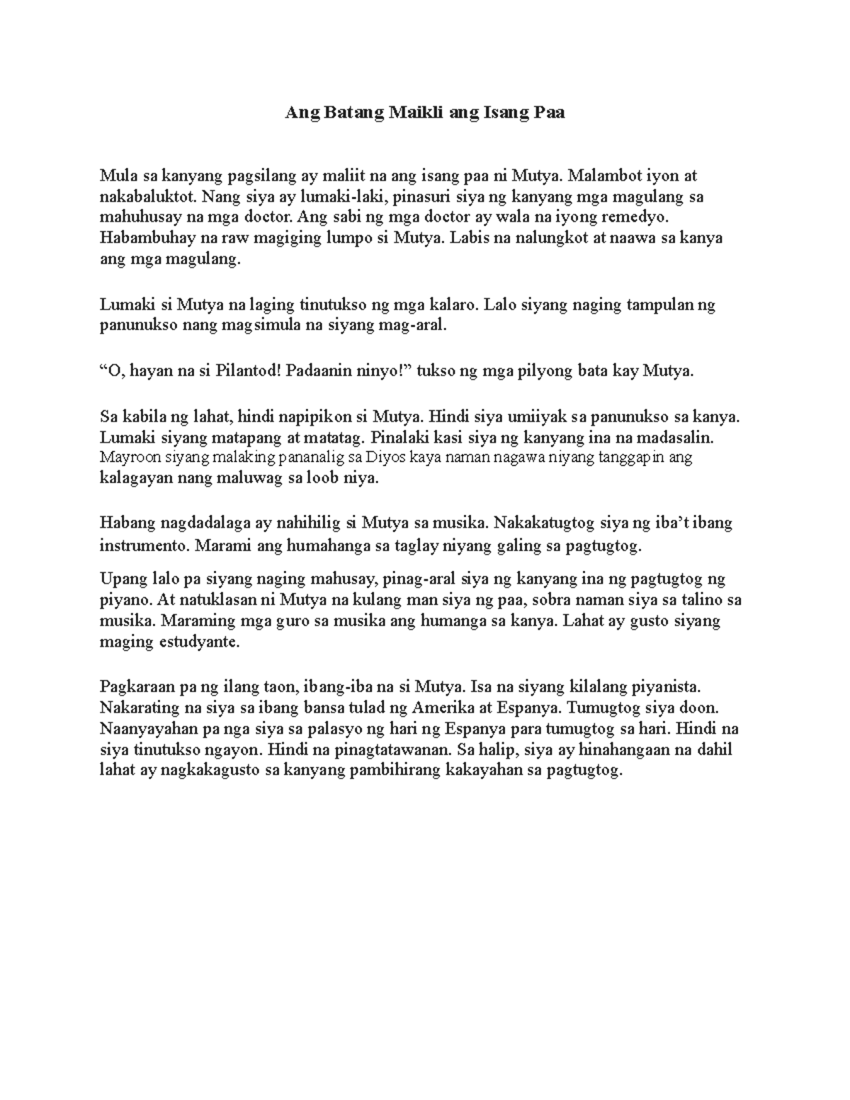 "Essay Notes: Ang Batang Maikli ang Isang Paa at ang Pagsusumikap ...
