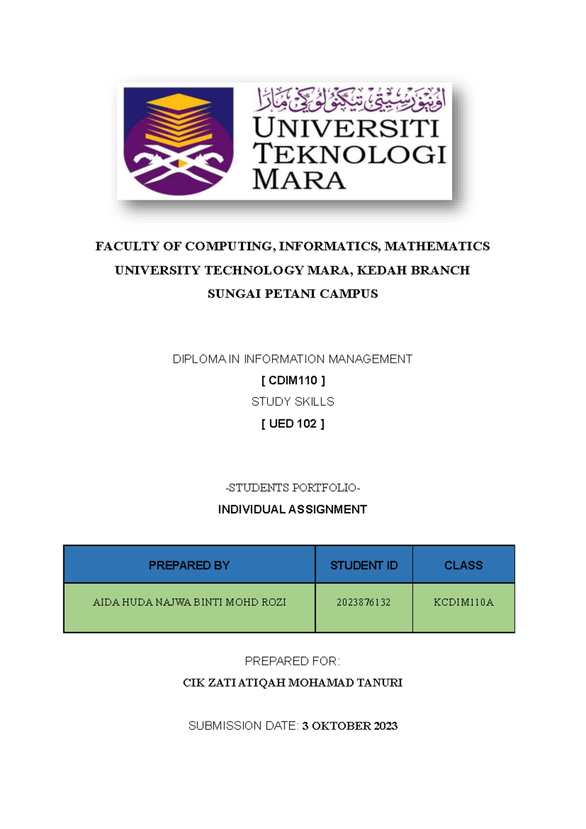 UED102 SEM1: Study Skills Portfolio for CDIM110A Students - Studocu