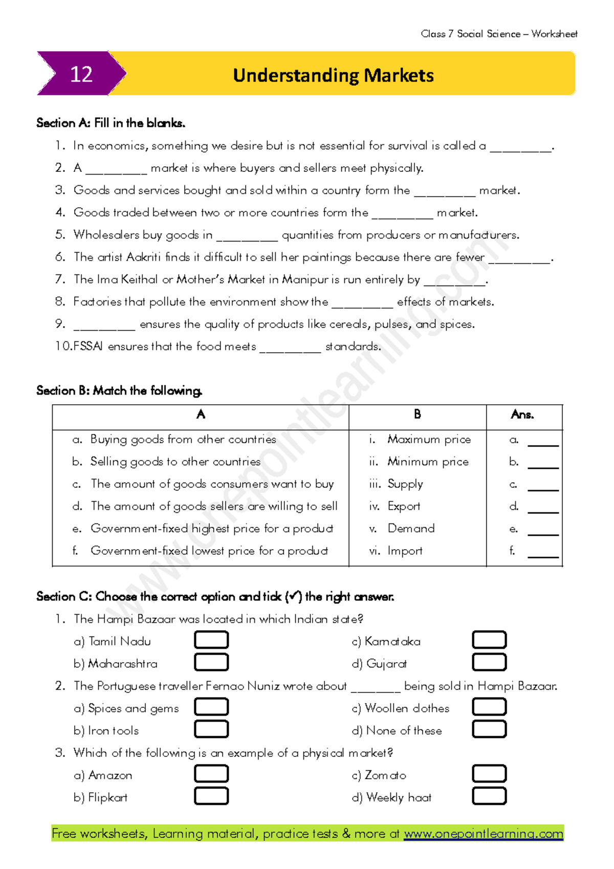 Class 7 Social Science Worksheet 12: Understanding Markets Test - Studocu