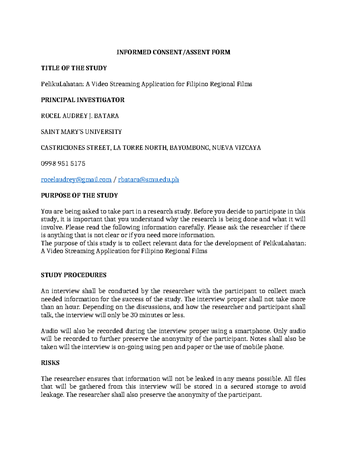 ICF - Informed Consent for PelikuLahatan Study on Filipino Films - Studocu