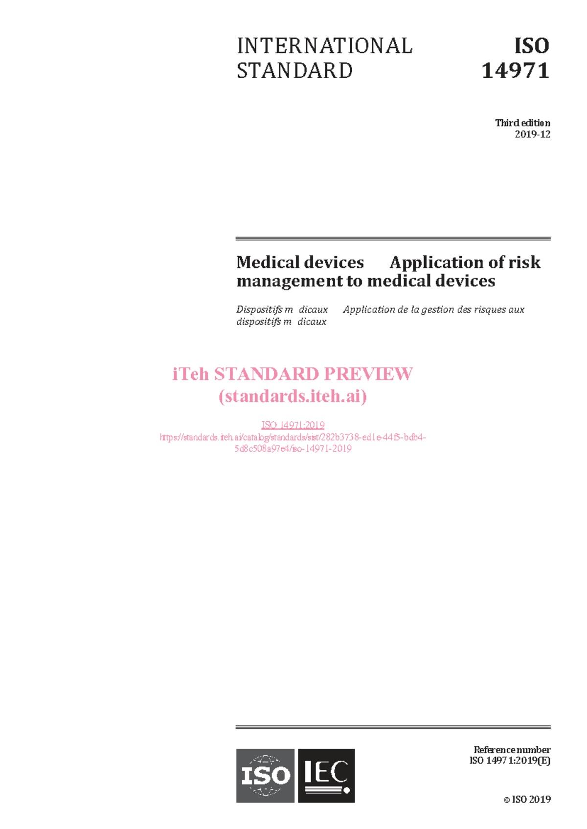 ISO 14971:2019 - Risk Management for Medical Devices Standards - Studocu