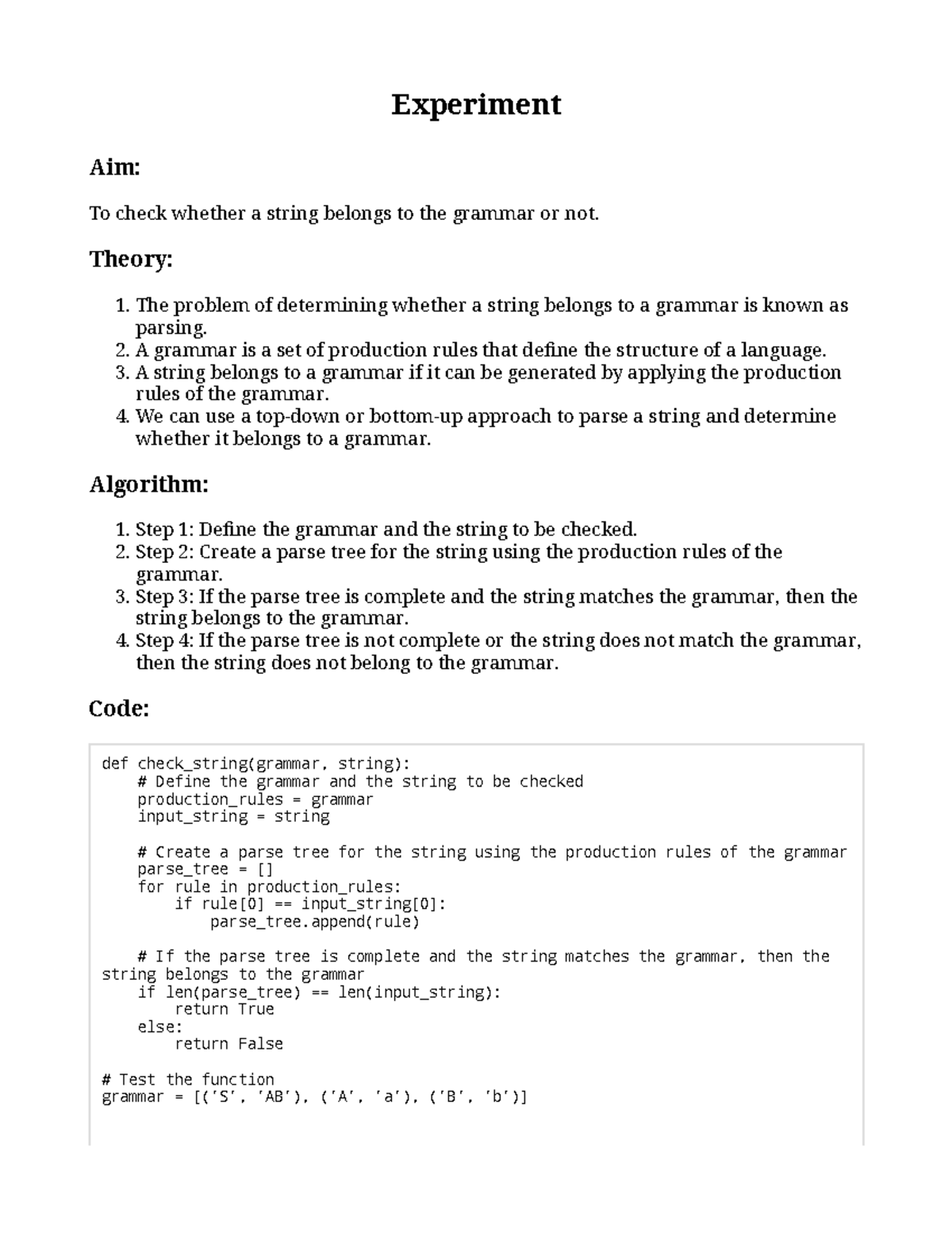 Compiler design - Experiment Aim: To check whether a string belongs to ...